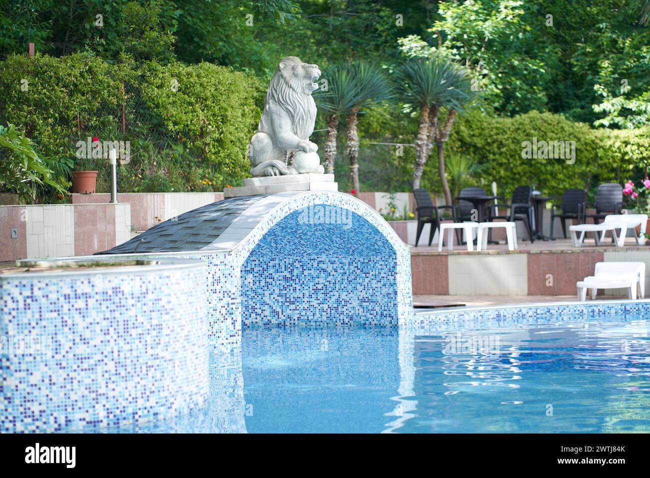 View of the hotel territory with swimming pool with mosaic tiles, lion ...