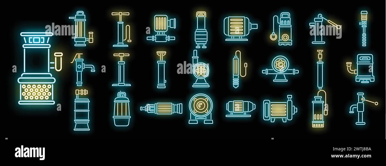 Pump icons set outline vector. Water tank. Station system neon color ...