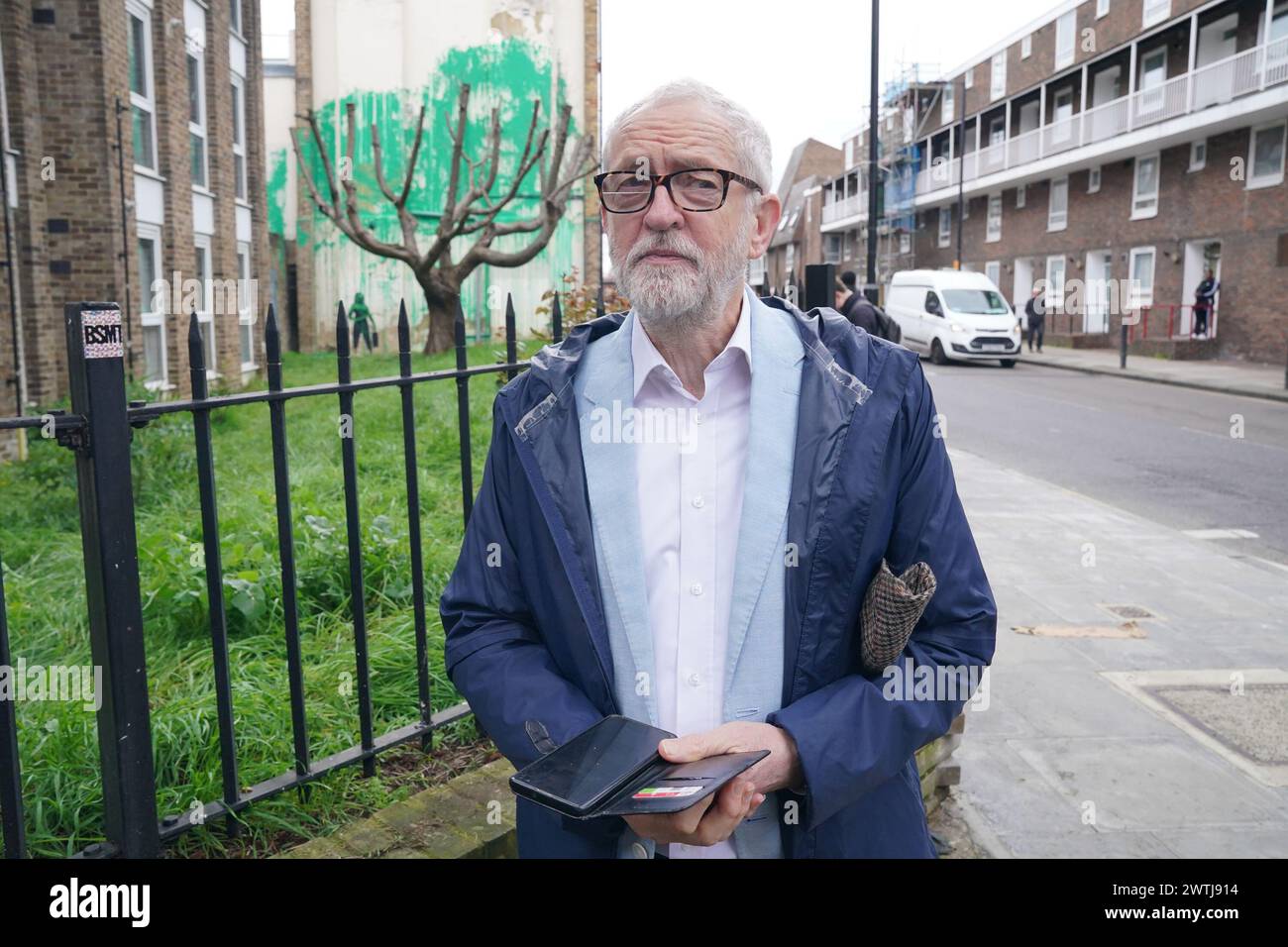 Former Labour Party leader Jeremy Corbyn, arrives to view a tree mural ...