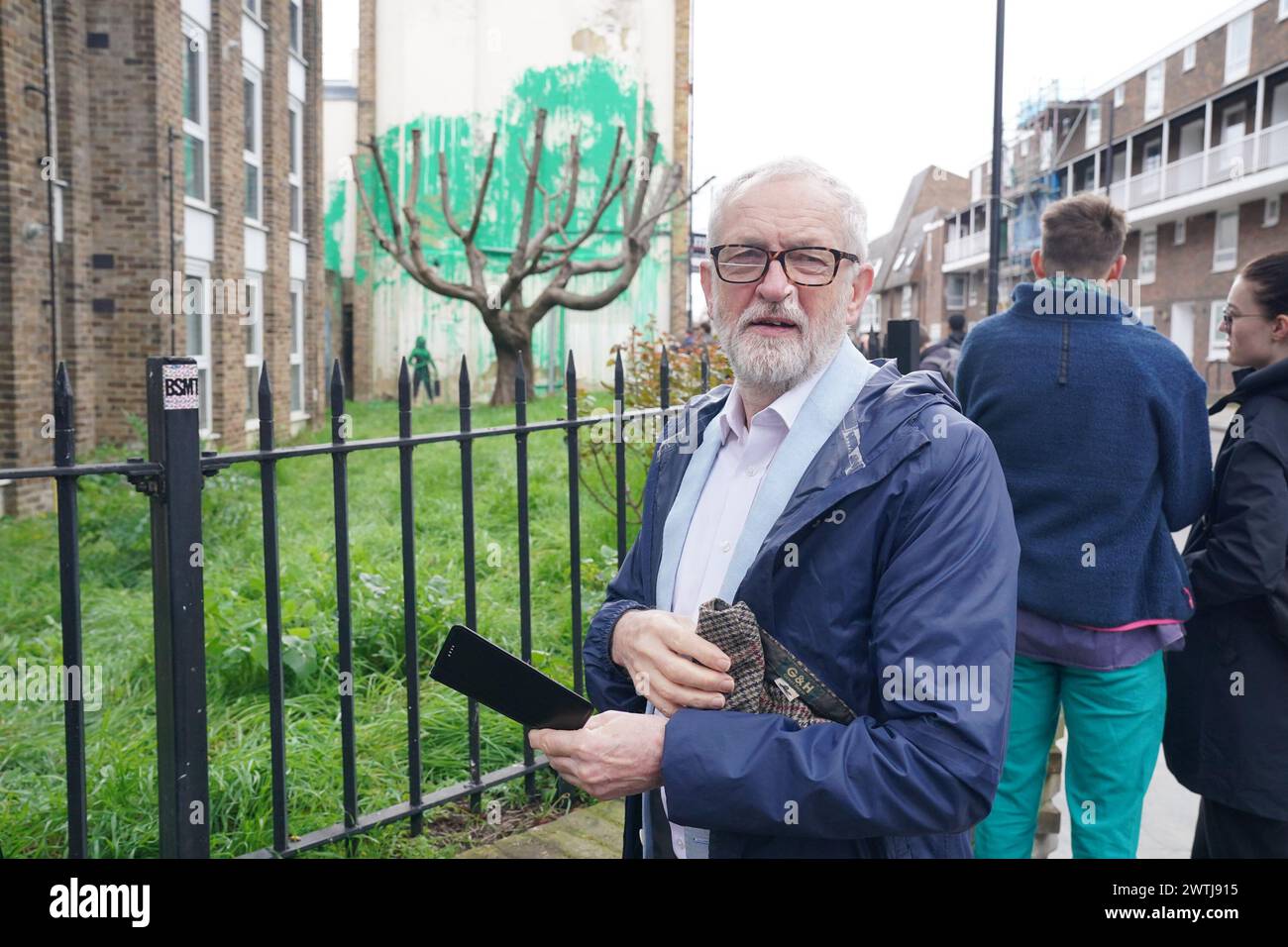 Former Labour Party leader Jeremy Corbyn, arrives to view a tree mural ...