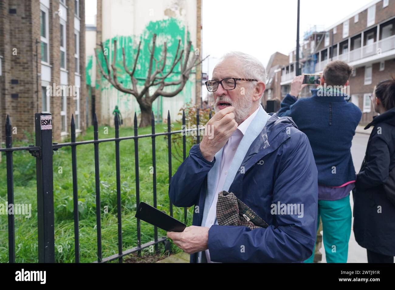 Former Labour Party leader Jeremy Corbyn, arrives to view a tree mural ...