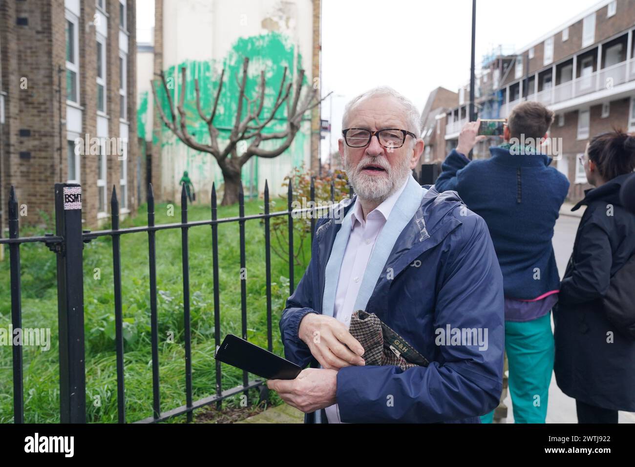 Former Labour Party leader Jeremy Corbyn, arrives to view a tree mural ...