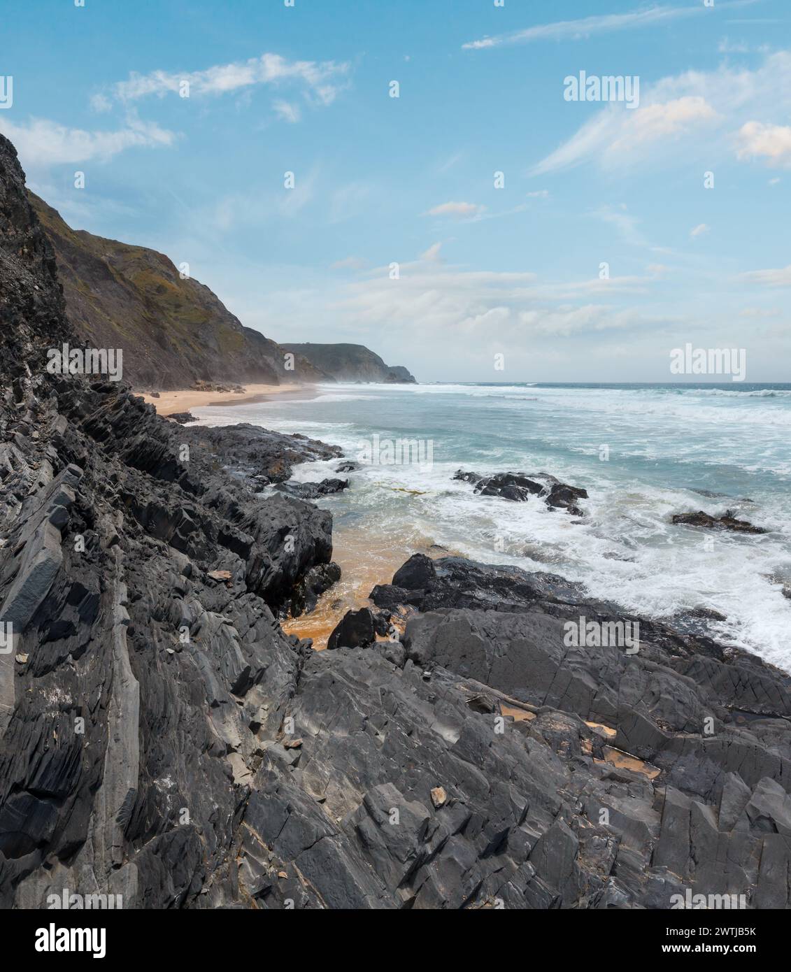 Storm on Castelejo beach with black schist cliffs (Algarve, Portugal ...