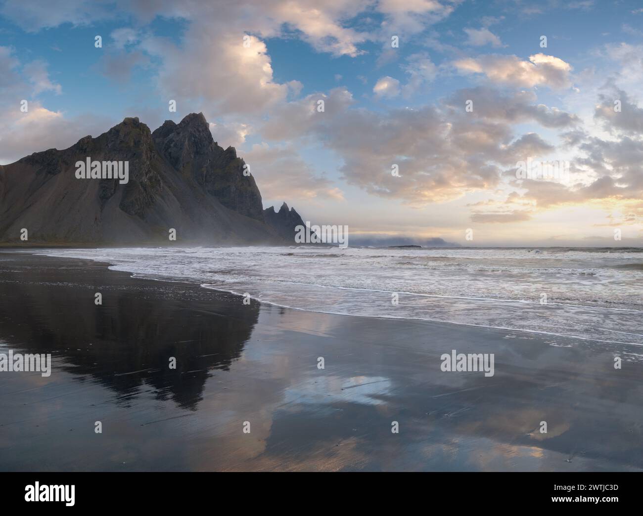 Sunrise Stokksnes cape sea beach and Vestrahorn Mountain with its ...