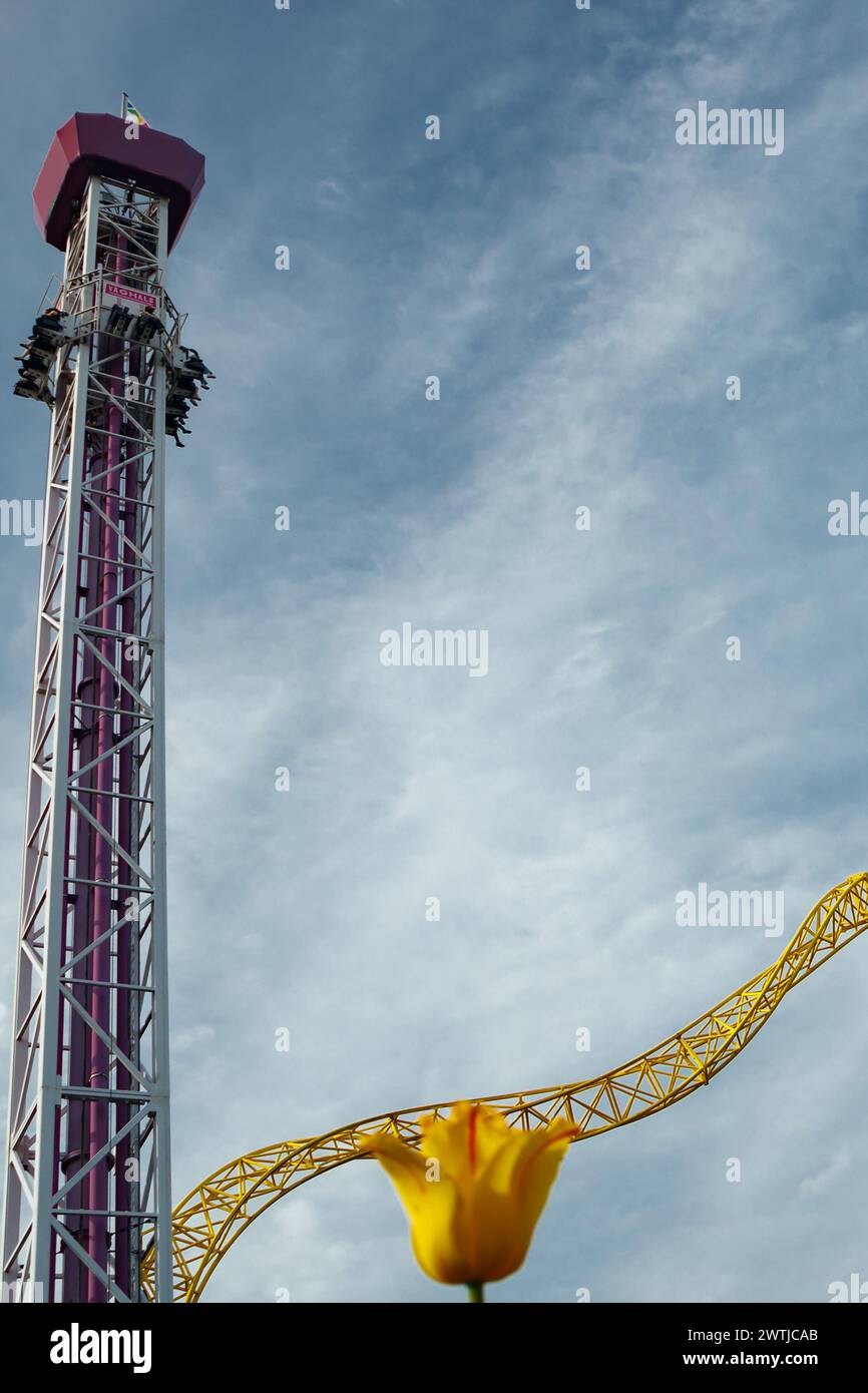 Helsinki, Finland - 21 May 2023: Linnanmaki amusement park, rides tower ...