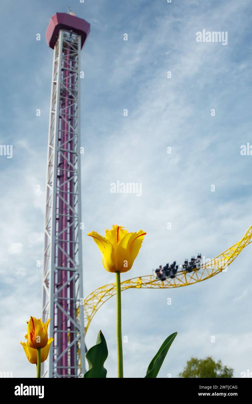 Helsinki, Finland - 21 May 2023: Linnanmaki amusement park, yellow ...