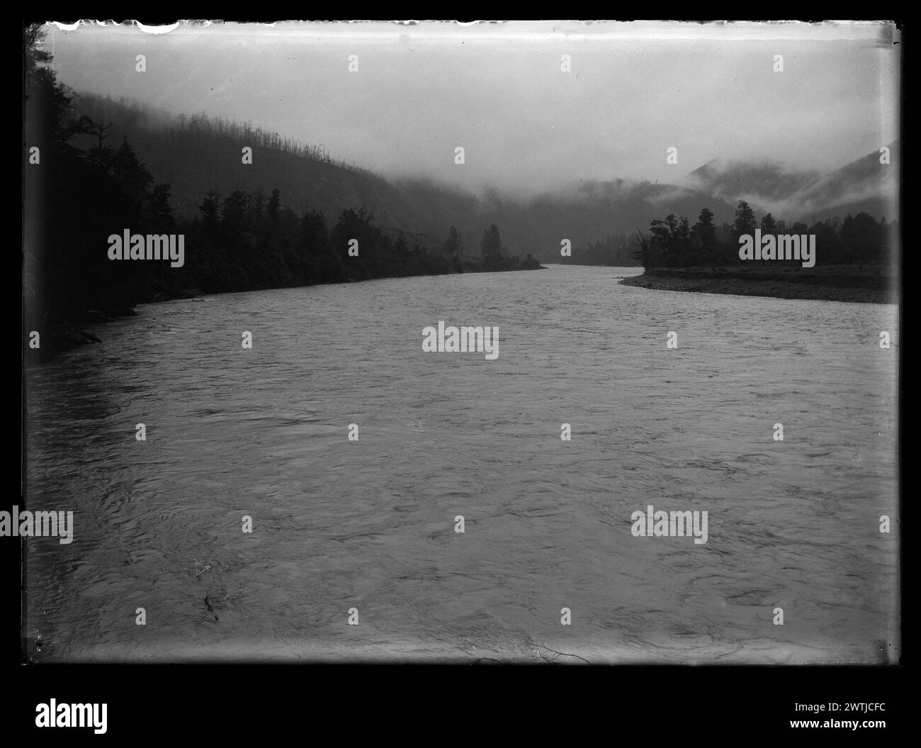 The Buller River in flood about 3 1/2 miles below Murchison. black-and ...