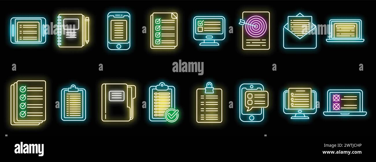 Assignment icons set outline vector. Fast exam. Business agenda neon ...