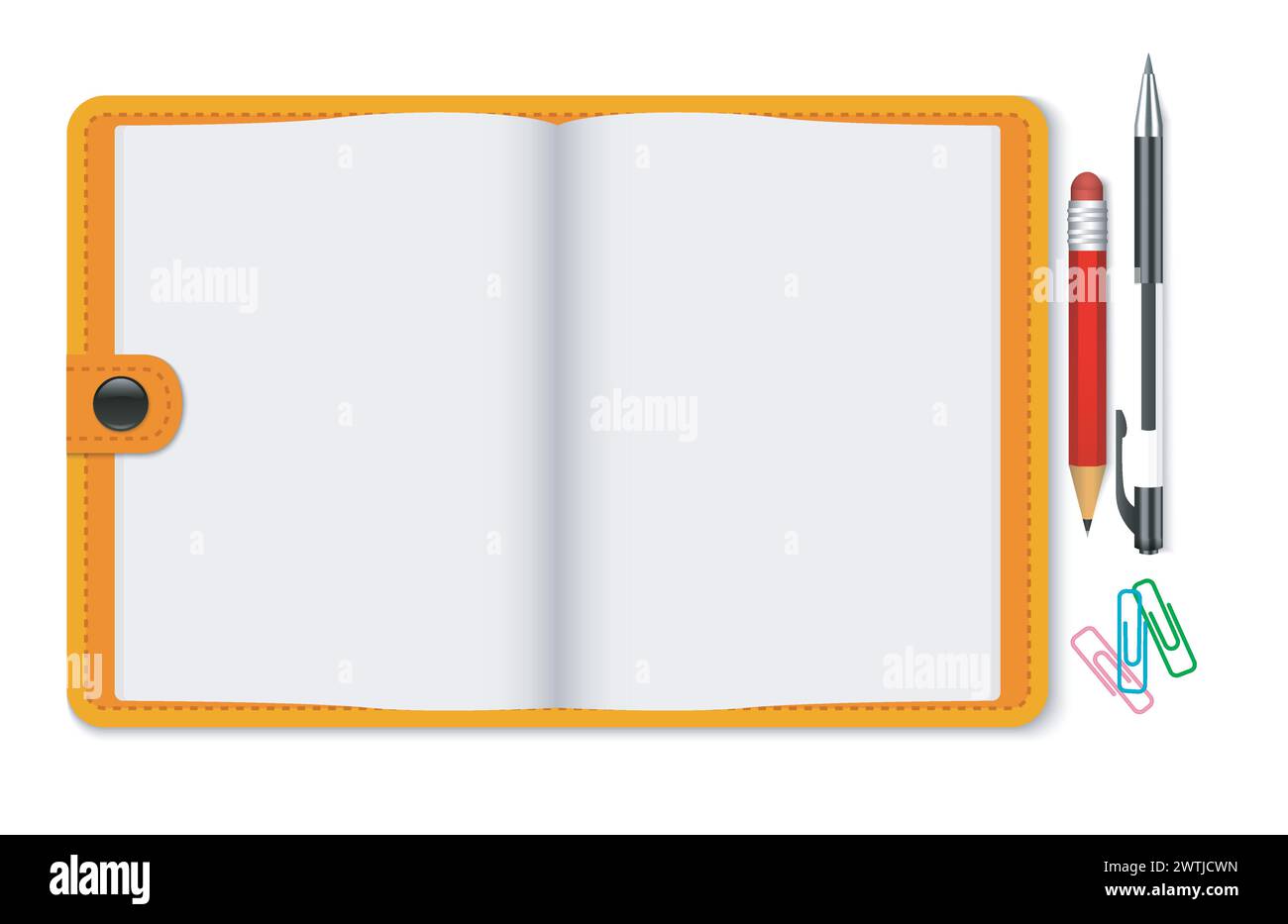 Blank Notepad with Pen and Pencil, Top View, Vector Illustration Stock ...