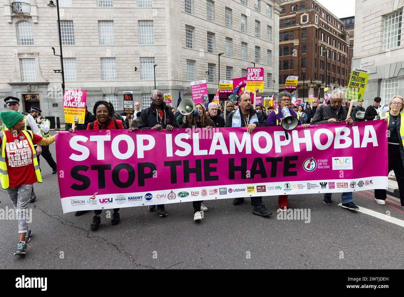 London, UK. 16th March, 2024. Anti-racism activists take part in a Stop ...