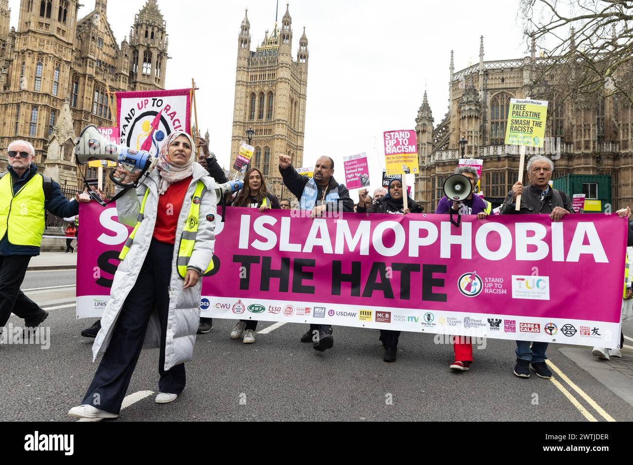London, UK. 16th March, 2024. Anti-racism activists take part in a Stop ...