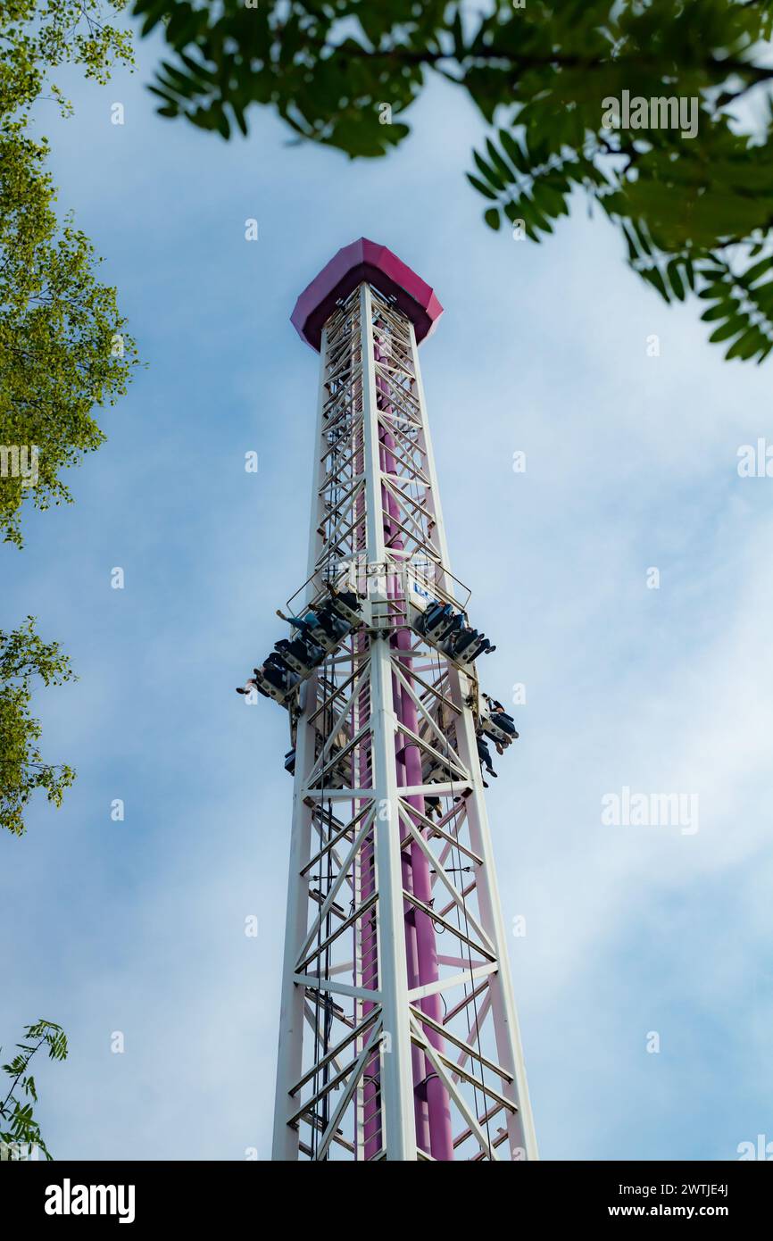Helsinki, Finland - 21 May 2023: Linnanmaki amusement park, ride tower ...