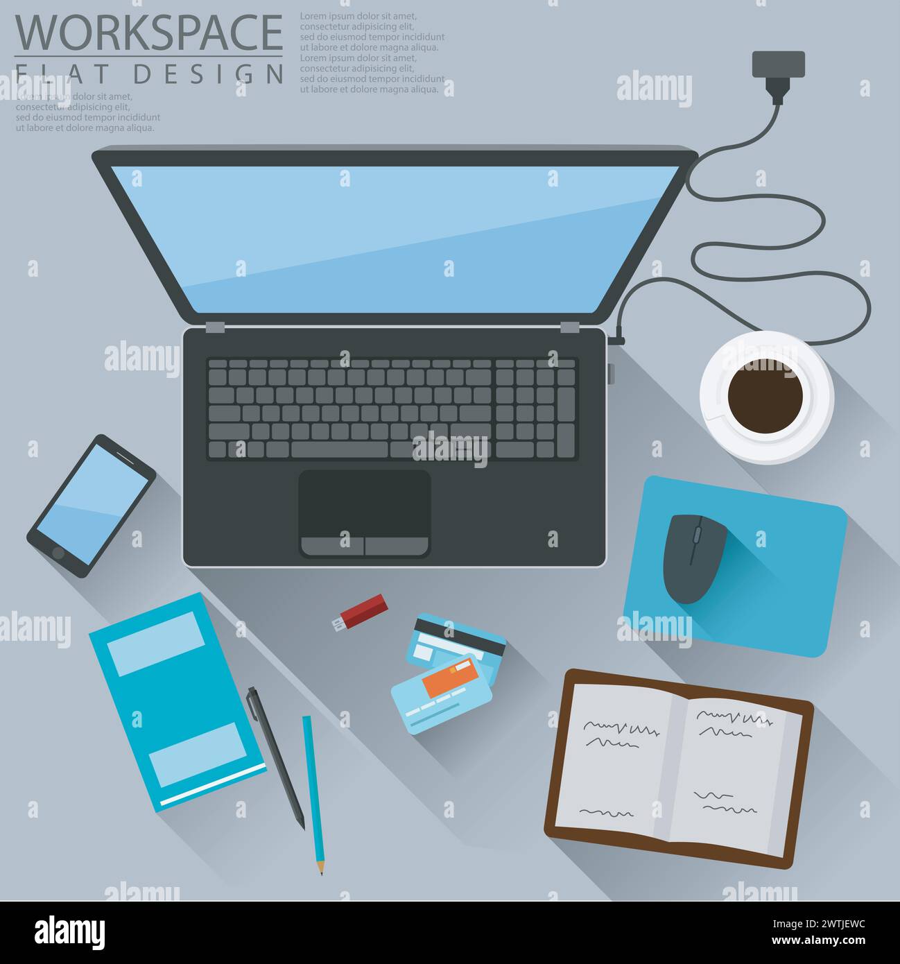 Office Workspace Computer Top View Flat Design, Vector Illustration ... Office Workspace Computer Top View Flat Design, Vector Illustration ...