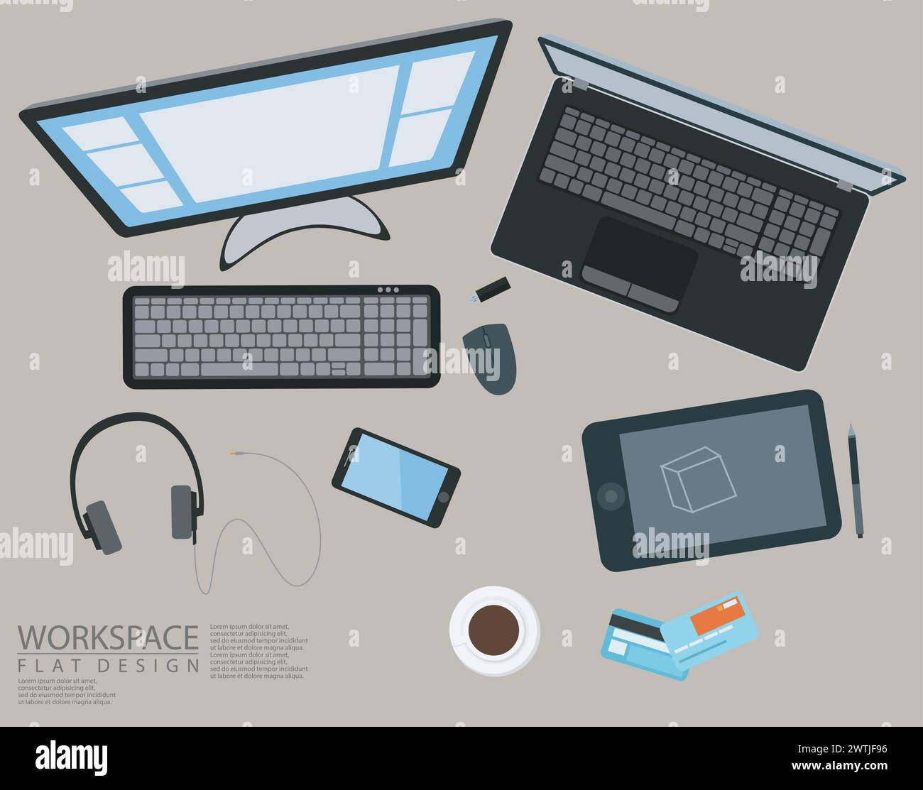 Office Workspace Computer Top View Flat Design, Vector Illustration ... Office Workspace Computer Top View Flat Design, Vector Illustration ...