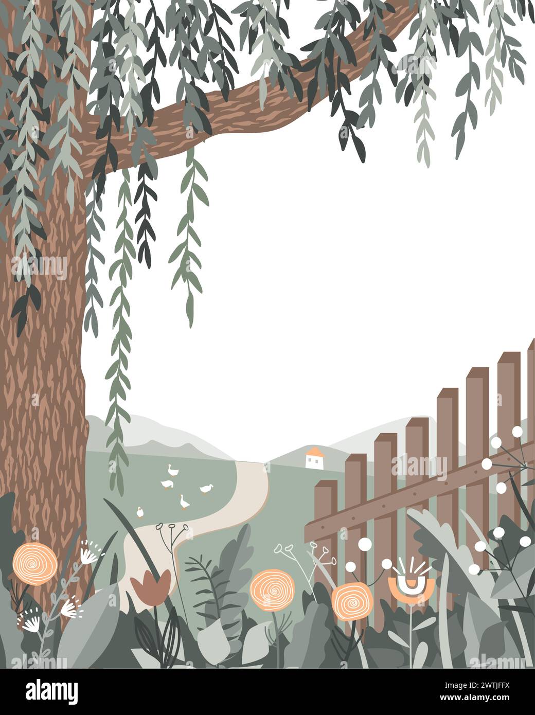 Cute rustic landscape with wooden fence, old willow tree, road, and ...