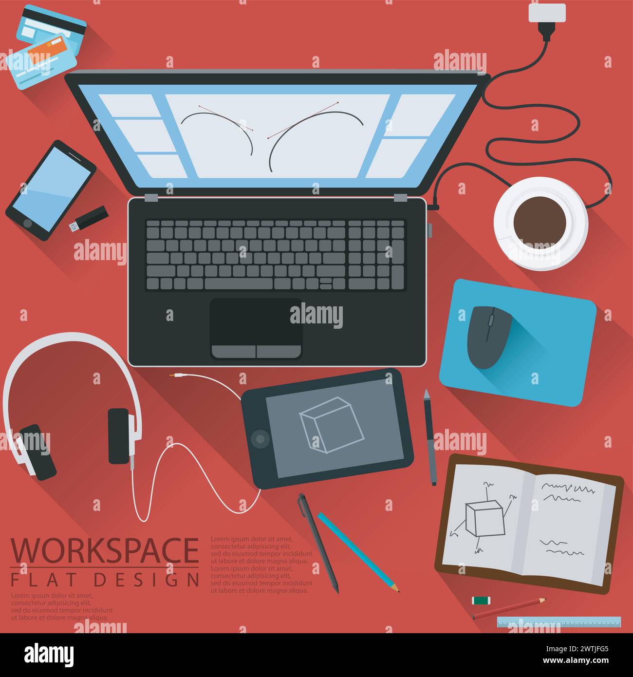 Designer Workspace Computer Top View Flat Design with Red Background ... Designer Workspace Computer Top View Flat Design with Red Background ...