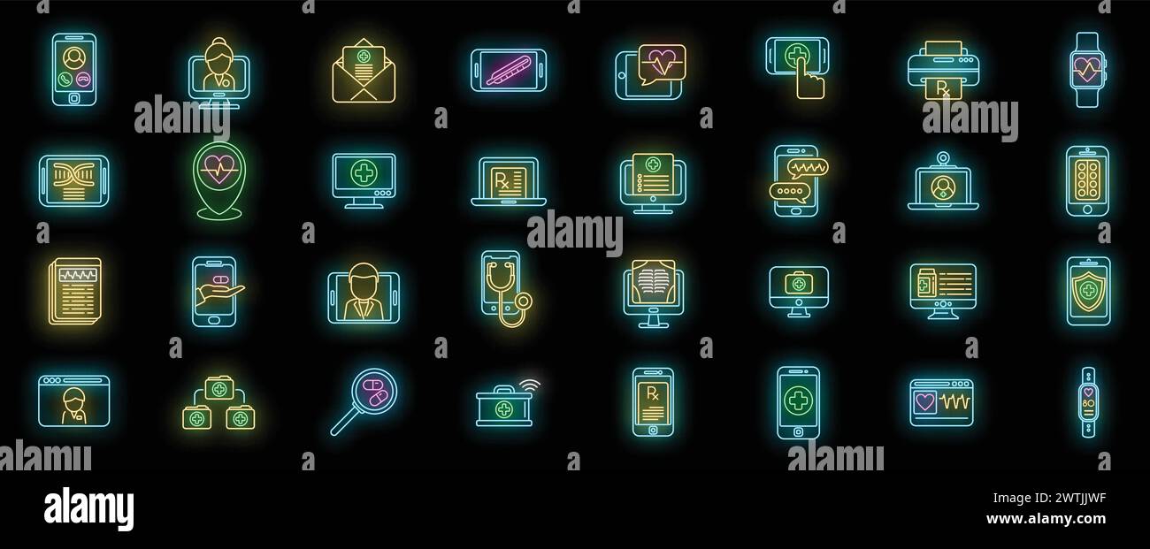 Telemedicine icons set outline vector. Remote doctor. App screen neon ...