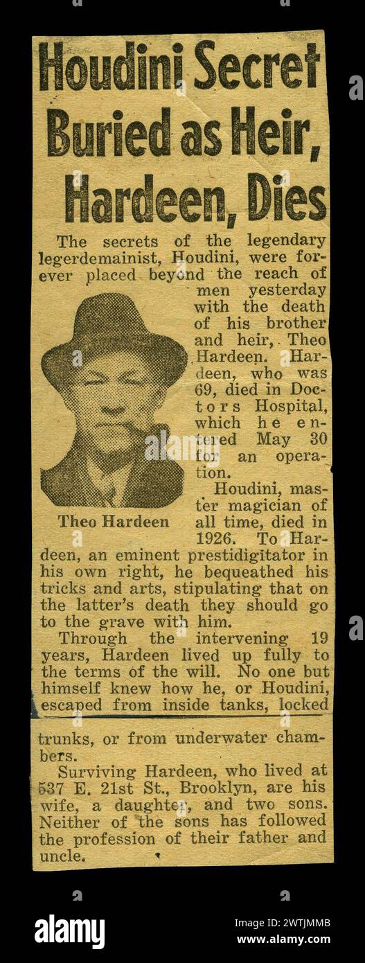 Newspaper clipping - Houdini Secret Buried as Heir, Hardeen, Dies Stock ...