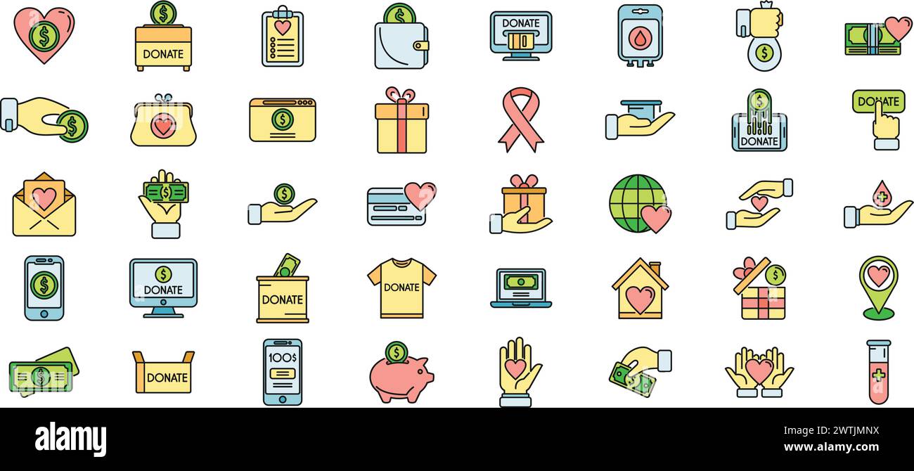 Charitable giving icons set outline vector. Donate food. Nonprofit ...