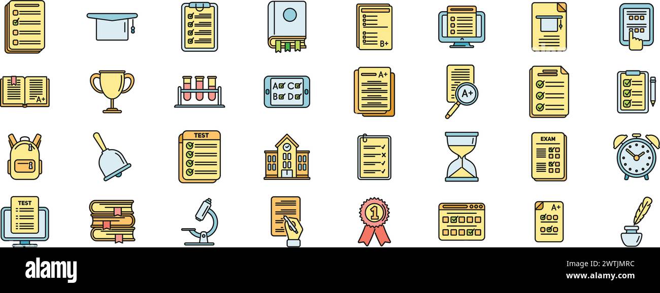 School test icons set outline vector. Online learn. Quiz education thin ...