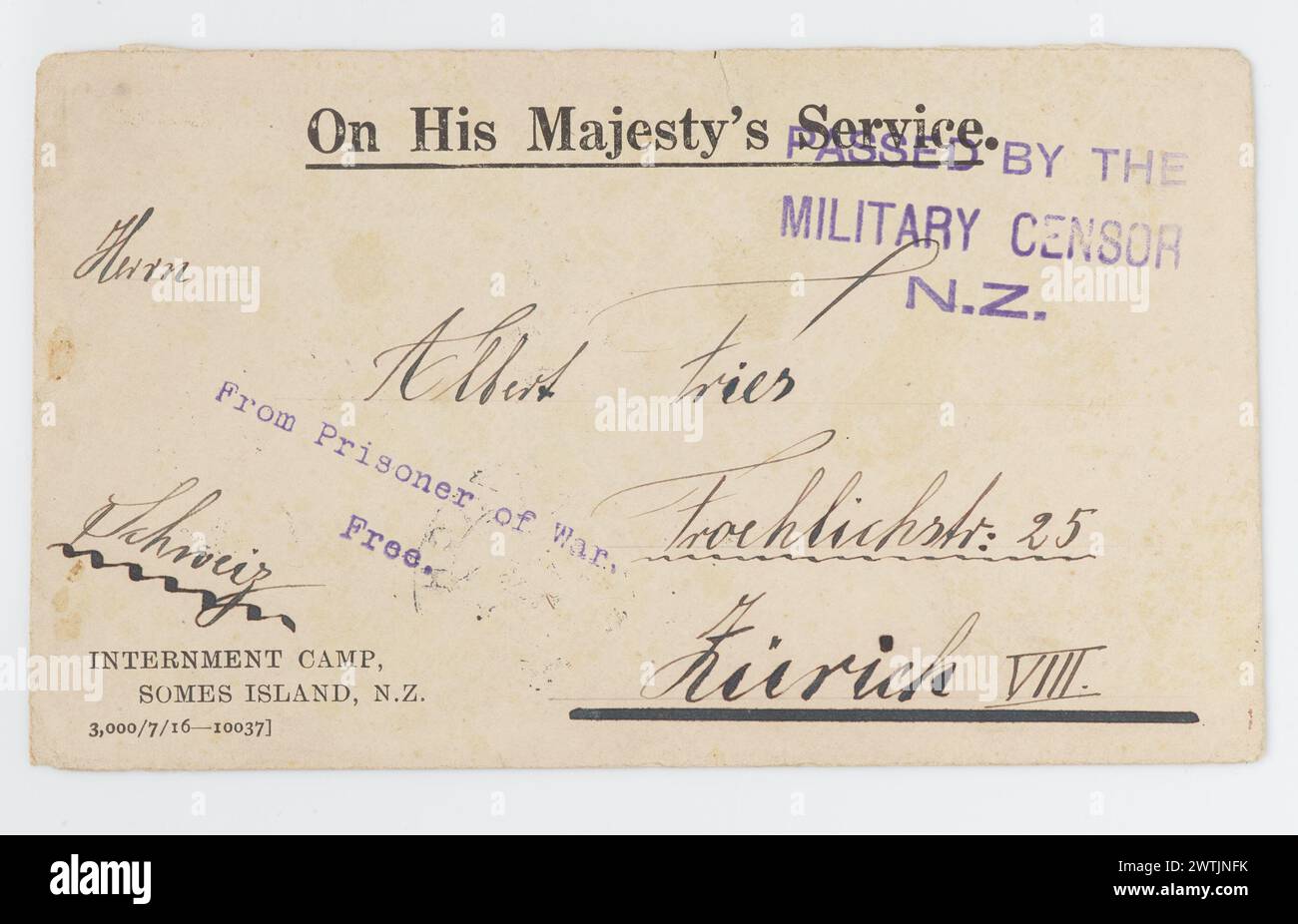 Philatelic 'cover' [envelope] sent from Internment Camp, Somes Island ...