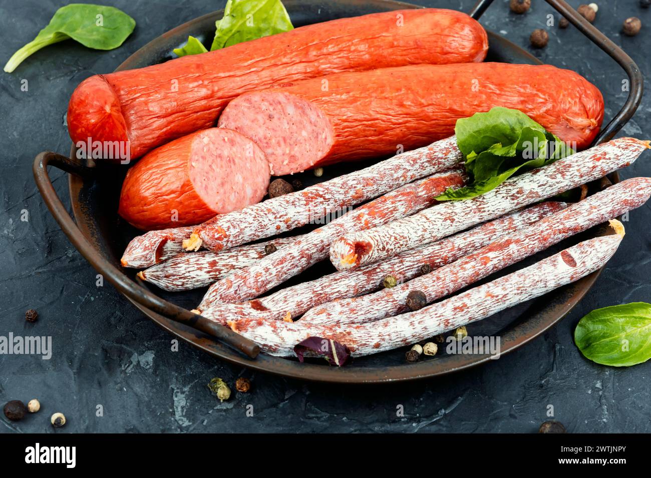 Dry smoked kabanos, cabanossi. Traditional Polish meat sausages ...