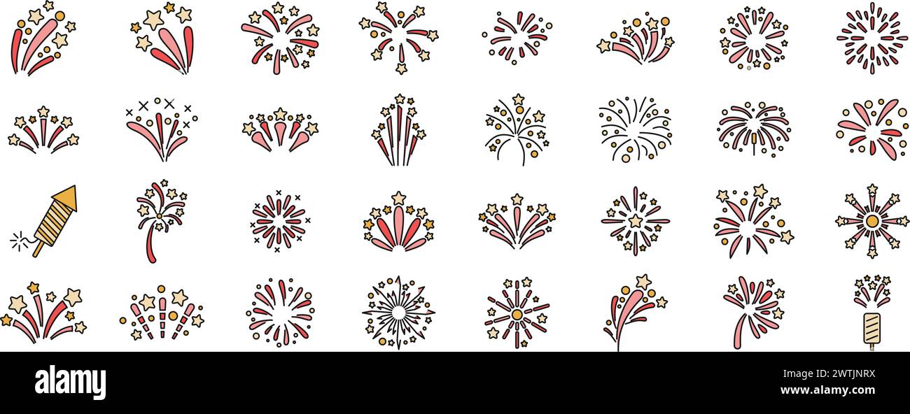 Firework icons set outline vector. New year celebrate. Cracker fire ...