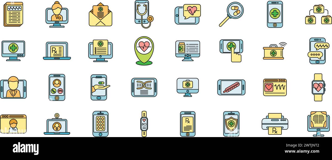 Telemedicine icons set outline vector. Remote doctor. App screen thin ...