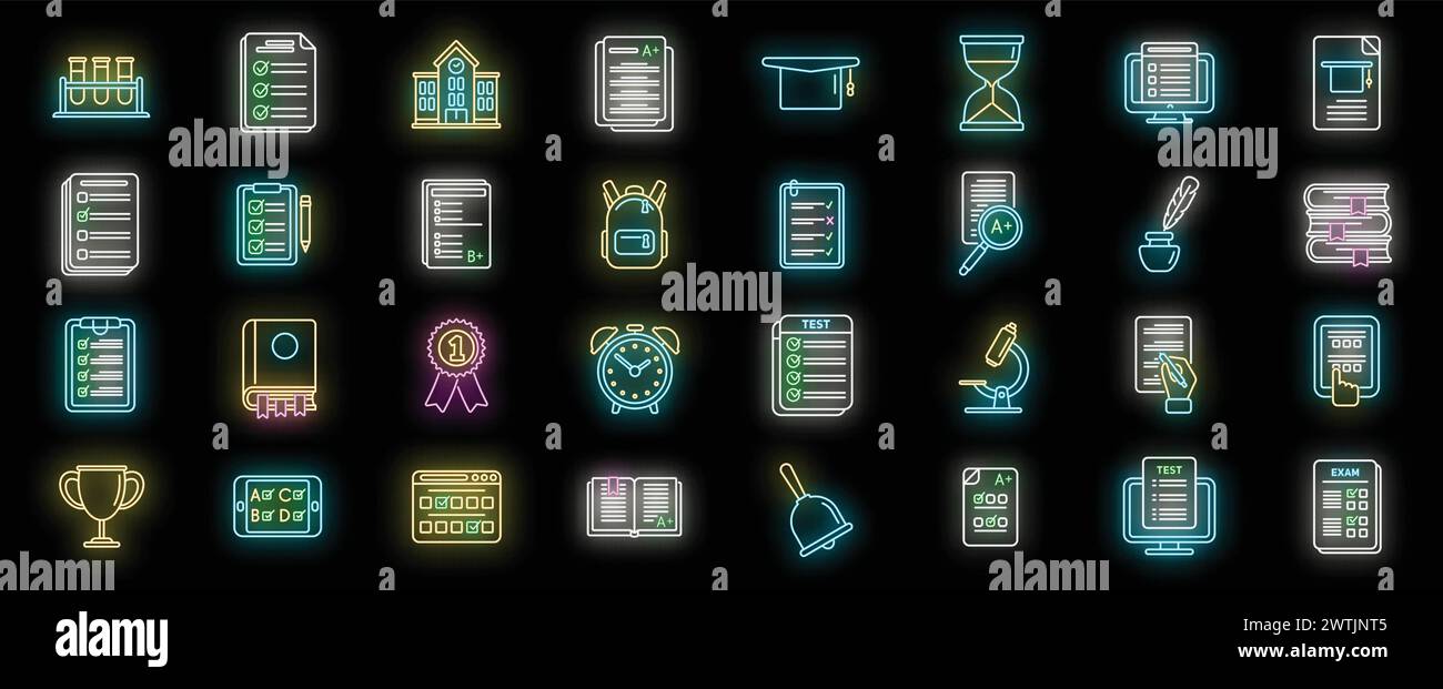 School test icons set outline vector. Online learn. Quiz education neon ...