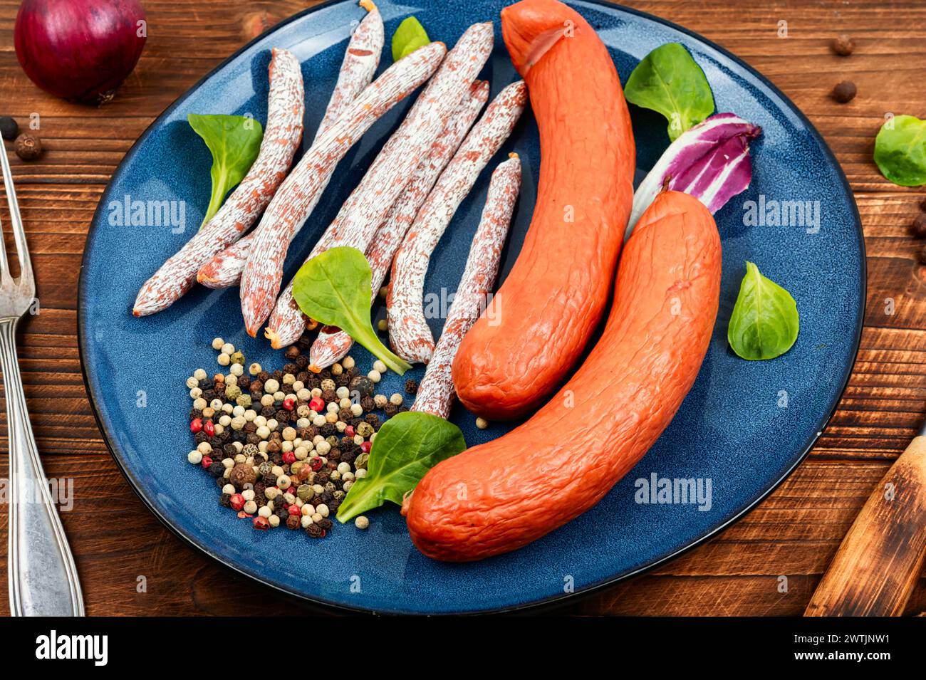 Dry smoked kabanos, cabanossi. Traditional Polish meat sausages Stock ...