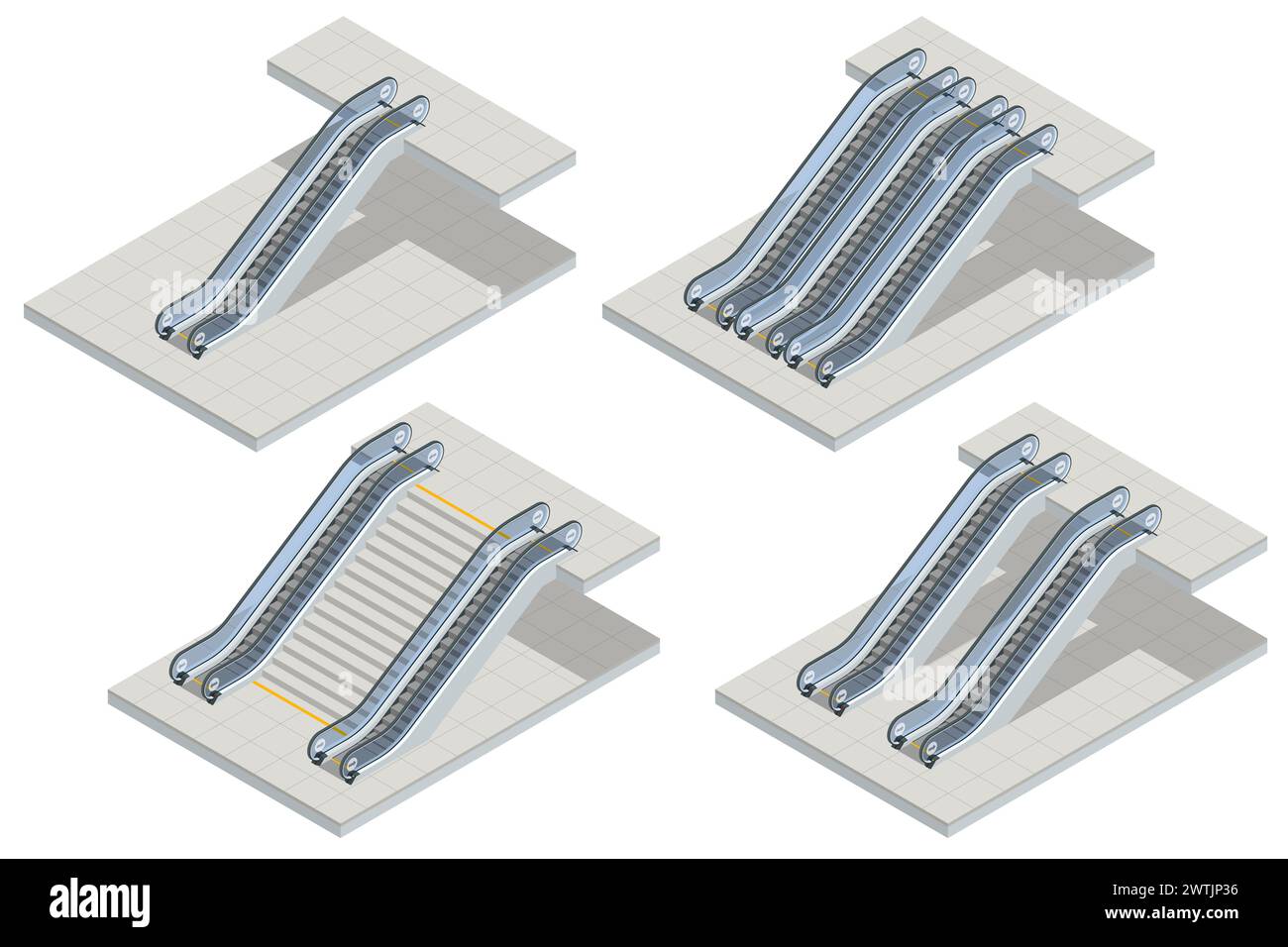 Isometric single, double and triple excalator realistic isolated on ...