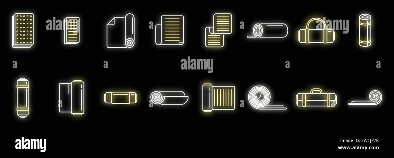 Yoga mat icons set outline vector. Carpet roll. Fabric rug neon color ...