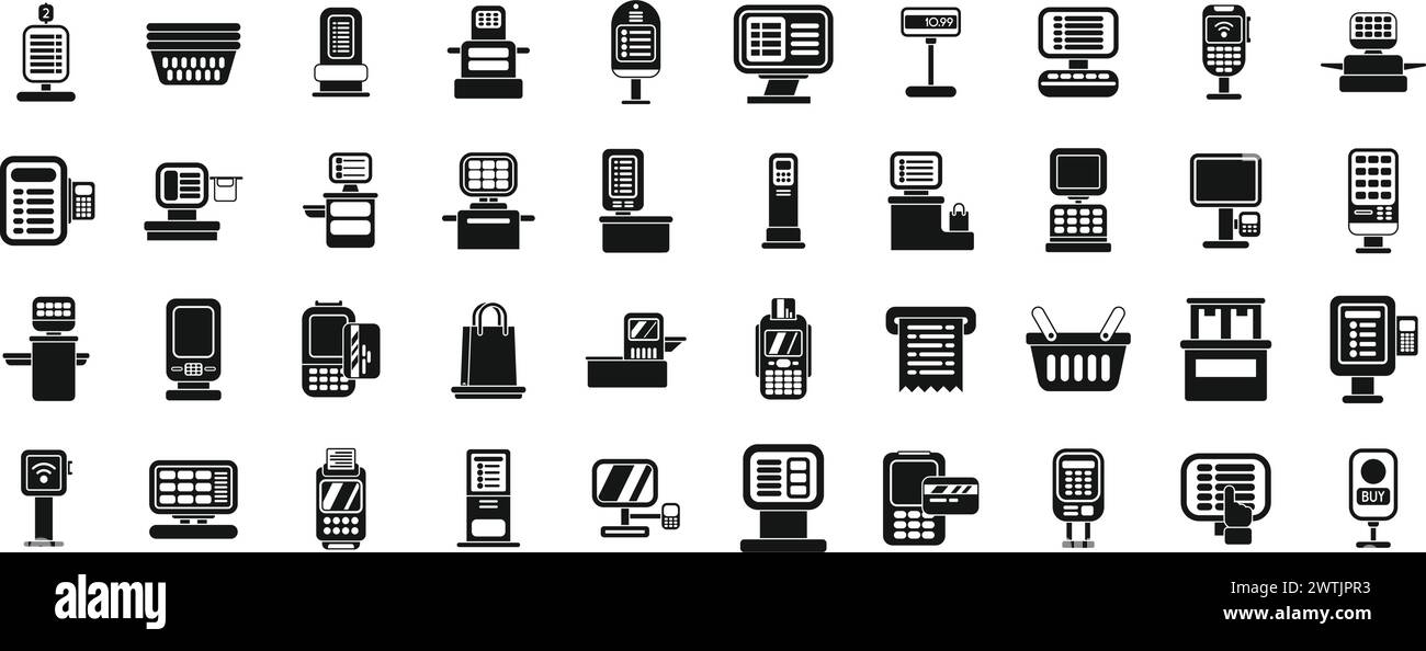 Self service checkout icons set simple vector. Supermarket scan terminal. Shop grocery Stock ...