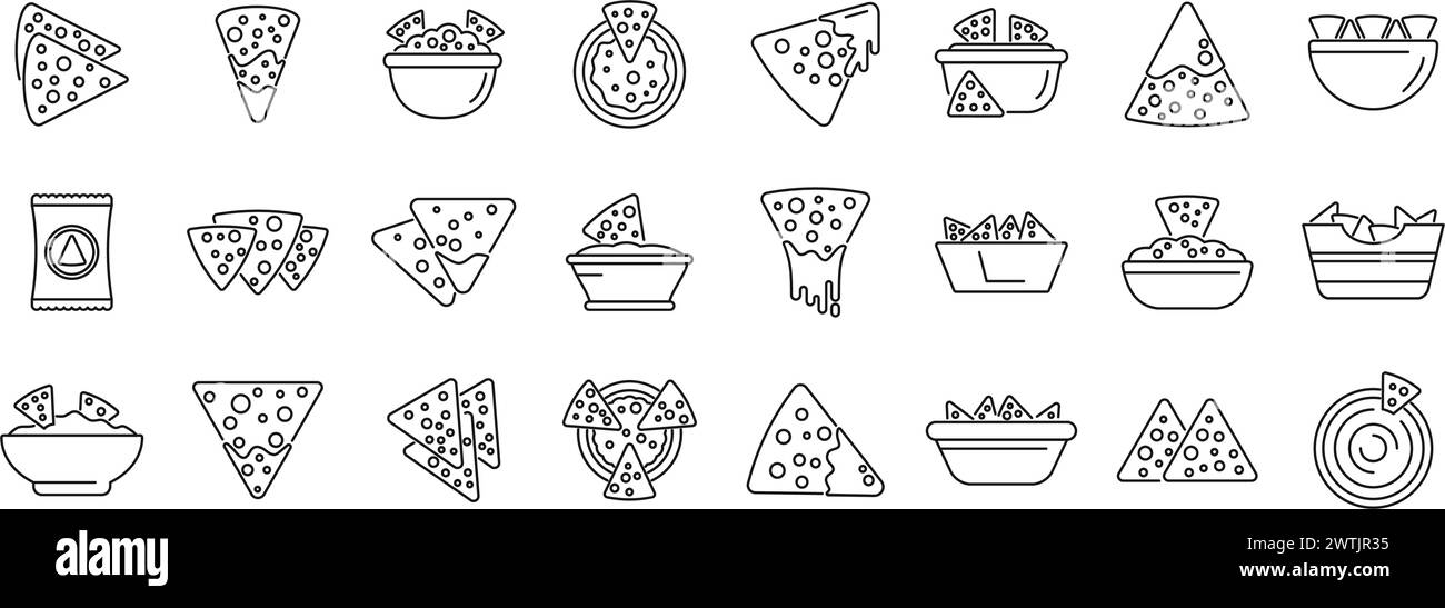 Nachos icons set outline vector. Mexican dip food. Party restaurant ...