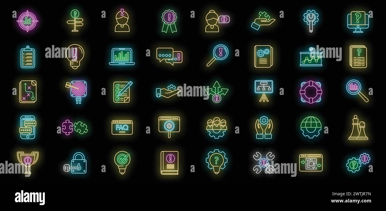 Problem Solving Icons Set Outline Vector Business Brainstorming Problem Challenge Neon Color