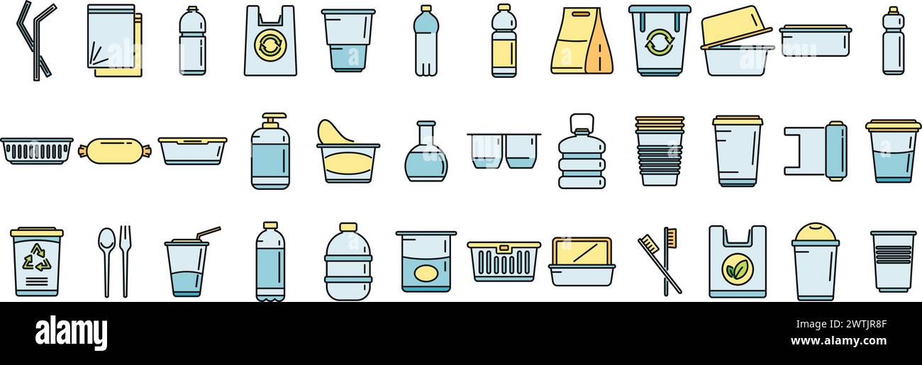 Biodegradable plastic icons set outline vector. Trash bag. Basket bin ...