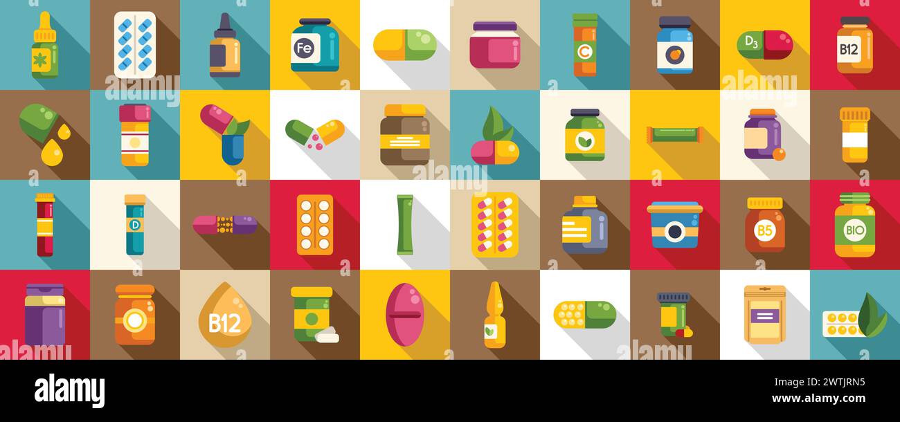 Dietary supplements icons set flat vector. Vitamin label. Package ...