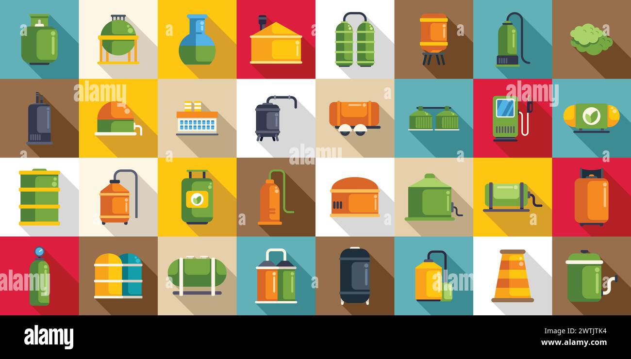 Biogas icons set flat vector. Ethanol energy. Biofuel plant farm waste ...