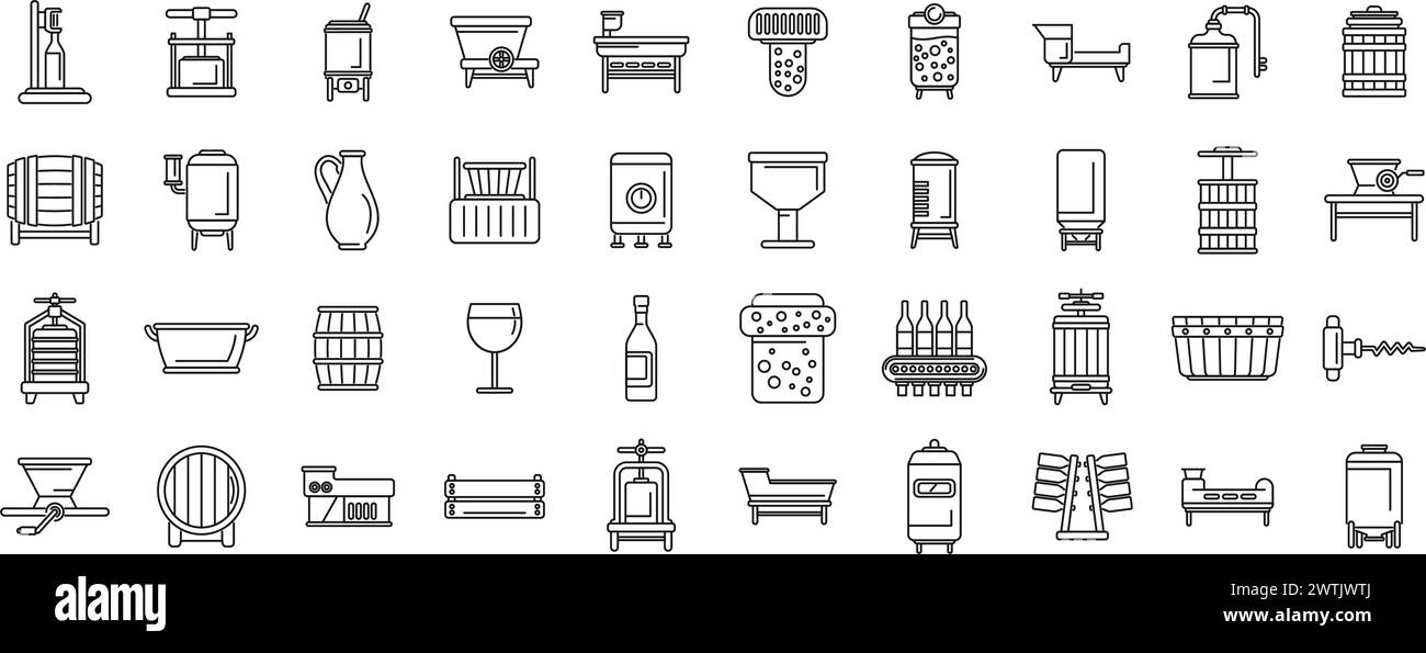 Wine production icons set outline vector. Winery agriculture. Industry ...