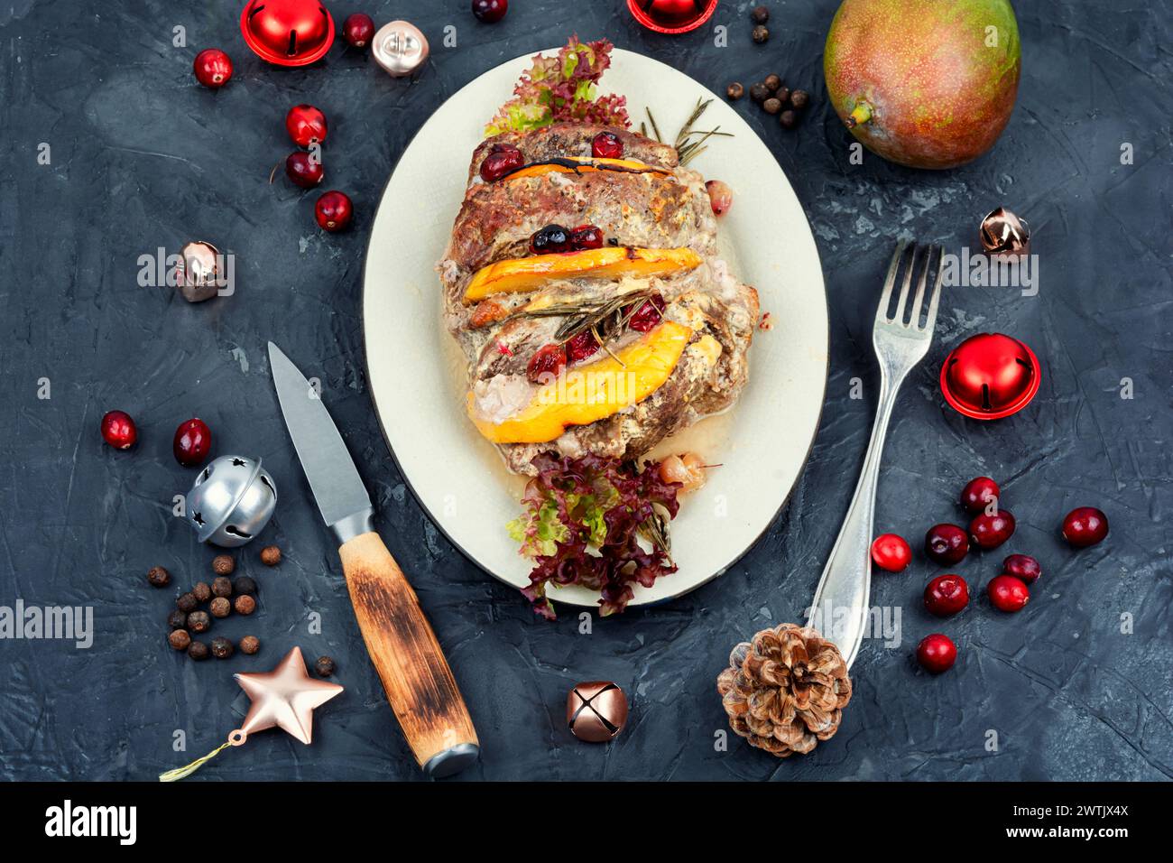 Christmas meat roll roasted with aromatic mango pieces. Classic ...