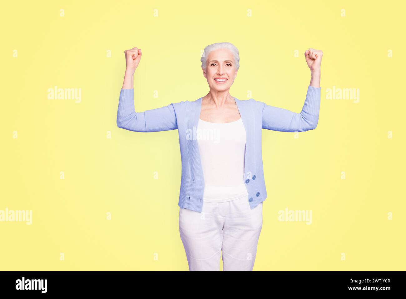 Gray haired old nice beautiful confident cheerful smiling woman showing ...