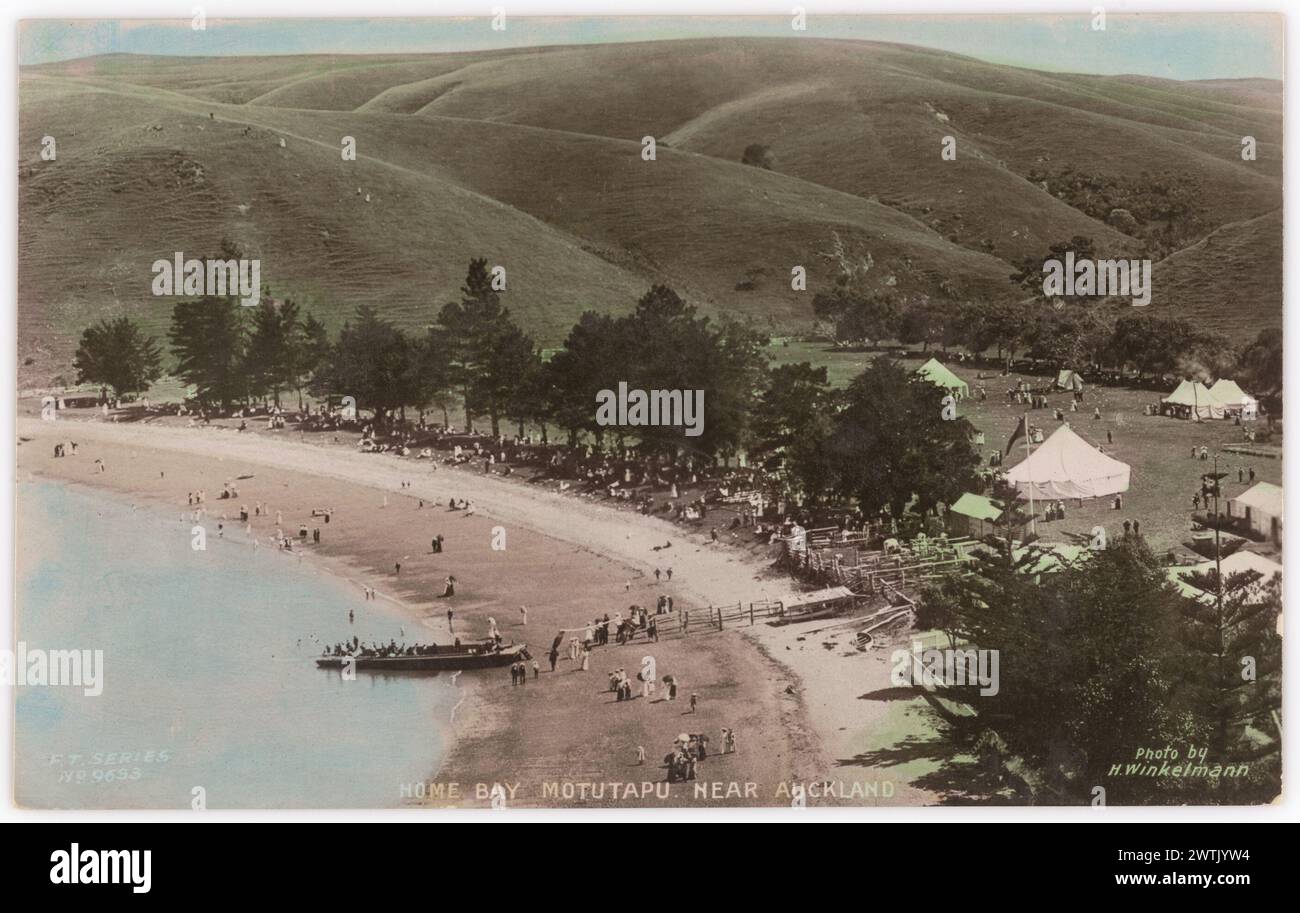 Home Bay, Motutapu, near Auckland photographic postcards, hand-coloured ...