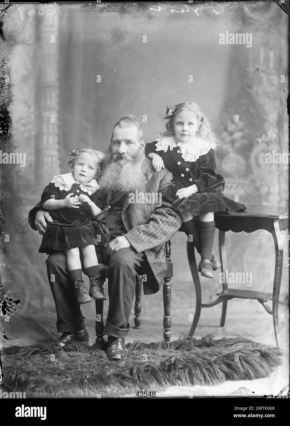 Edna and Vera Styles with their grandfather Hugh Greer studio portraits, portraits, black-and ...