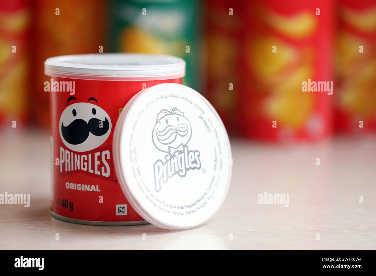 KYIV, UKRAINE - FEBRUARY 27, 2024 Pringles original potato chips on ...