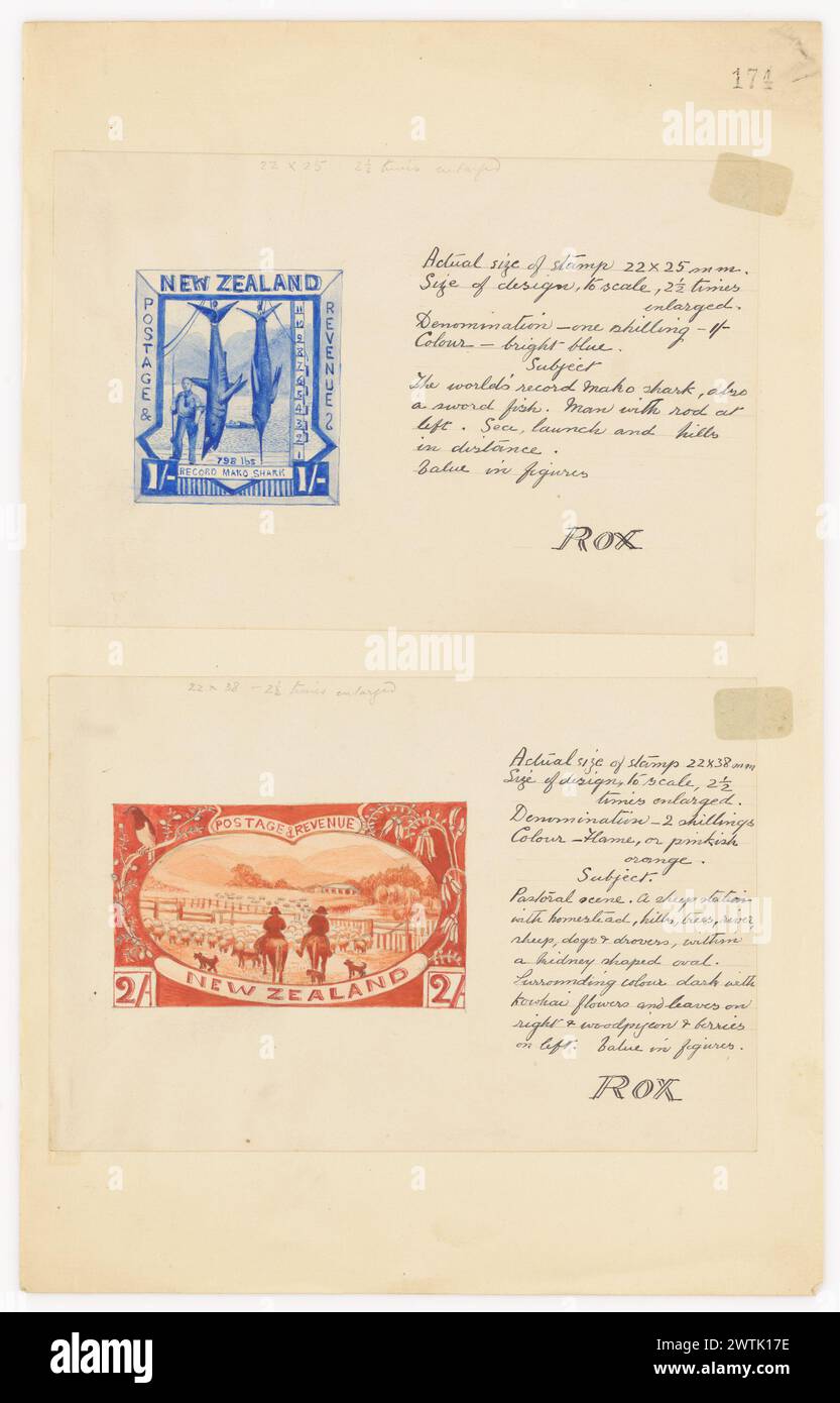 Unaccepted designs for 1935 pictorial stamps design drawings Stock ...