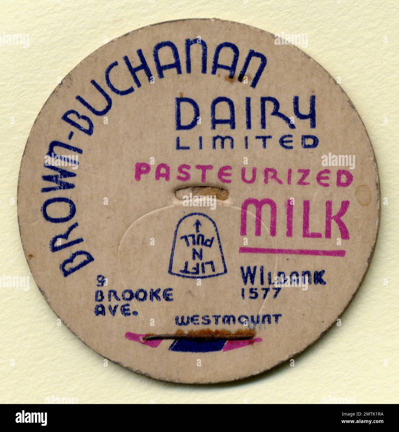 Milk bottle cap - Brown-Buchanan Dairy Limited; Pasteurized Milk Stock ...