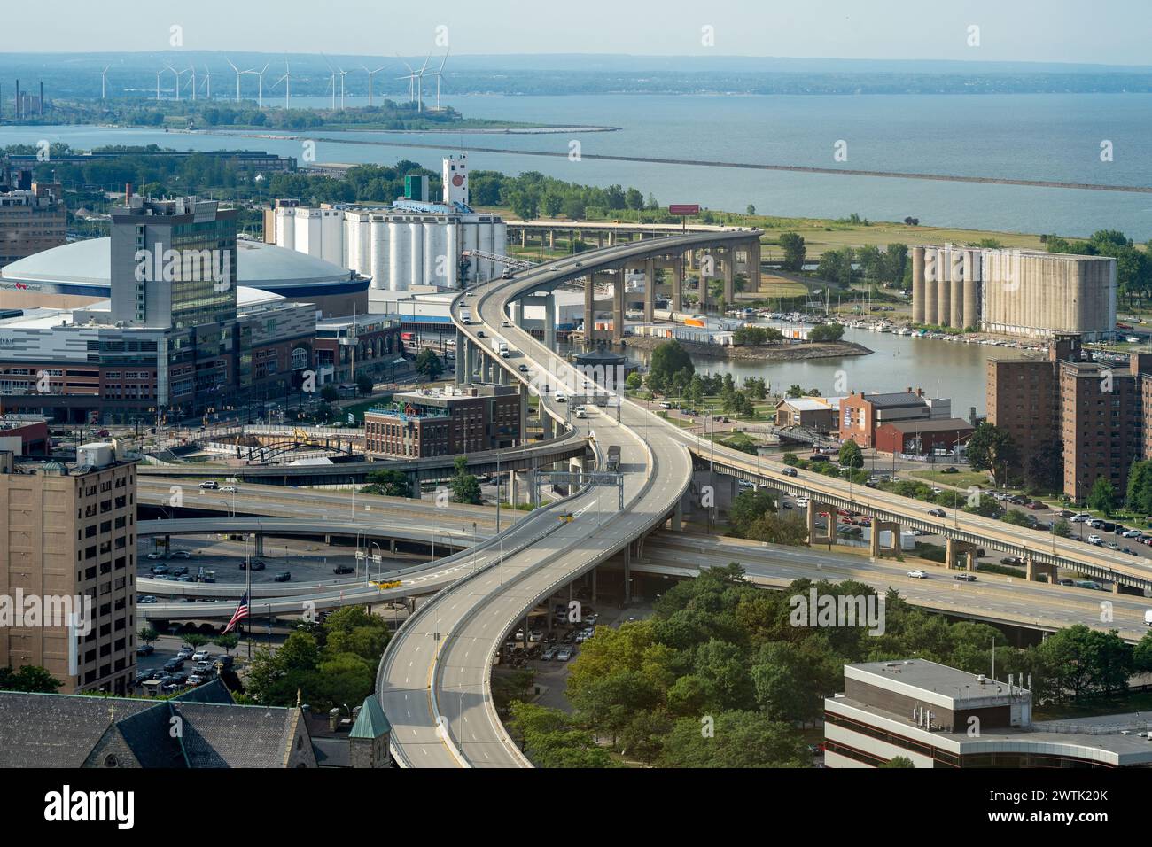 An aerial view of the Lake Erie and the elevated highway in Buffalo ...