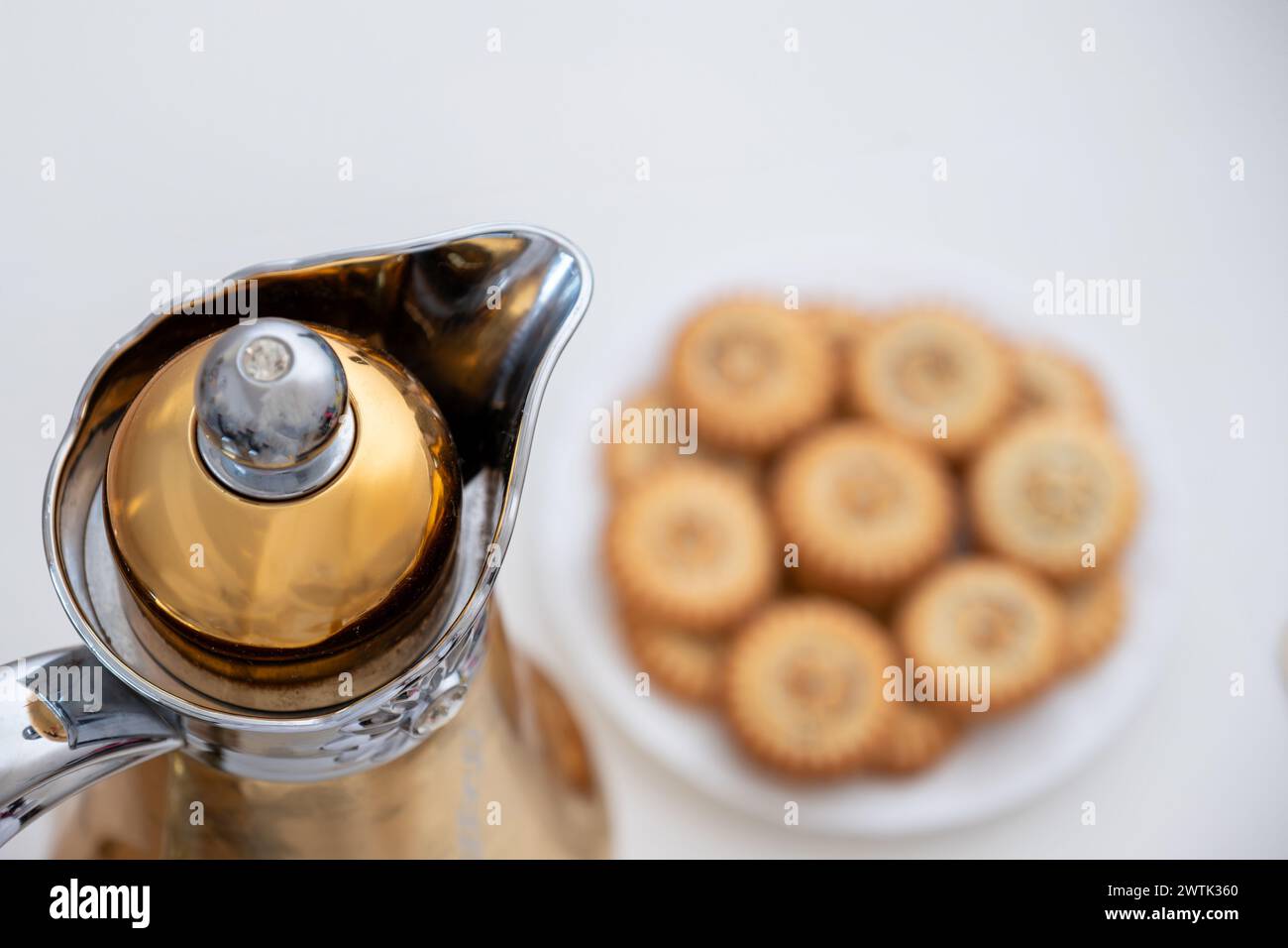 Arabic coffee pot from top view high angle and blurred eid kahk Stock ...