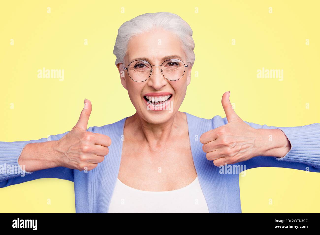 Portrait of beautiful nice happy gray-haired old lady wearing casual ...