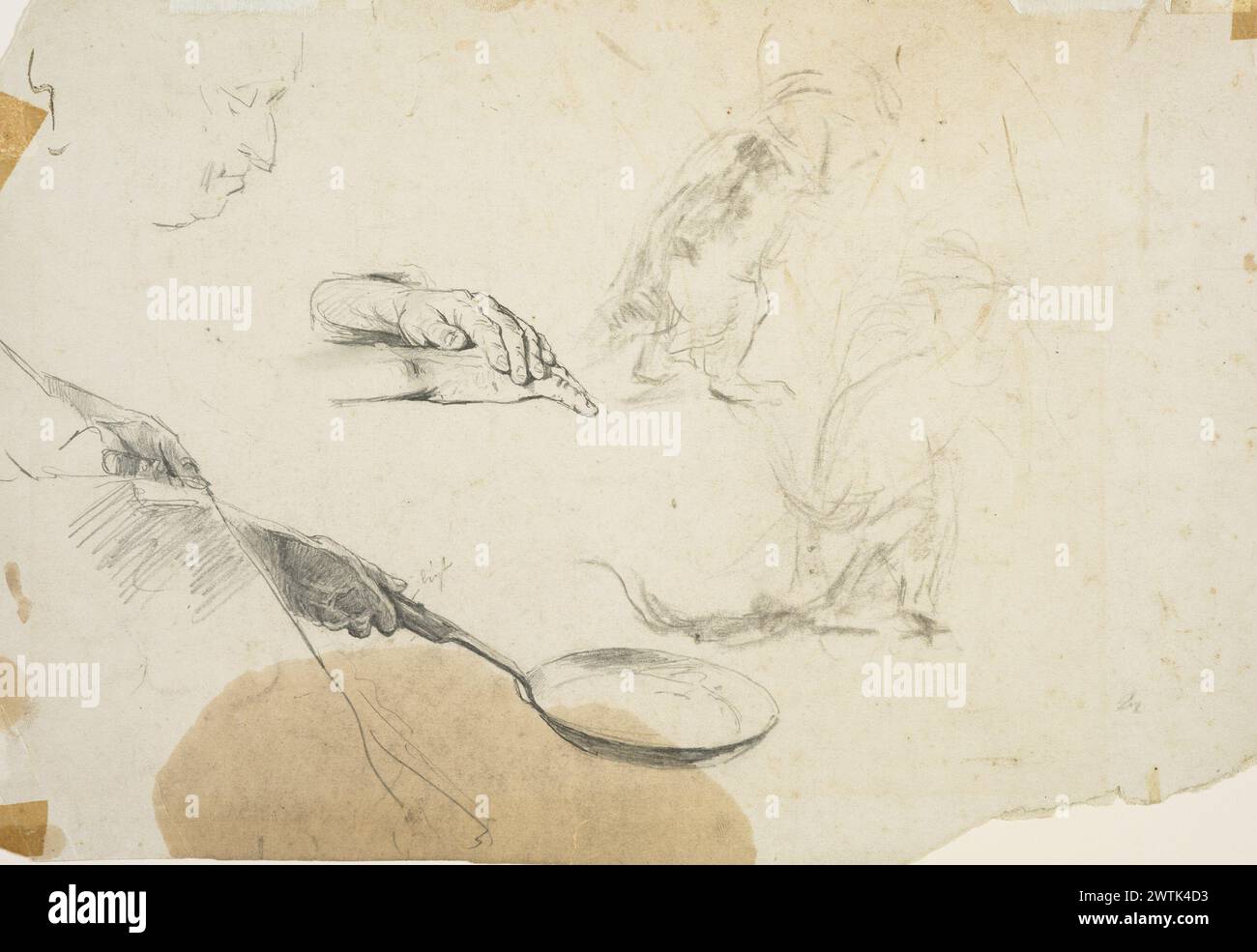 Untitled [studies of a cat, hands, frying pan, face] drawings, works on ...